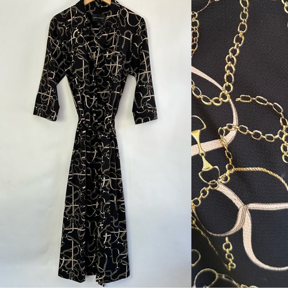 Vintage | Dresses | Vintage Chain Detail Black Gold Belted Midi Dress ...